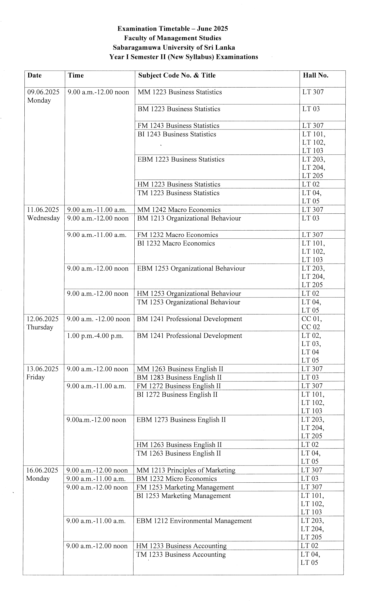 Notice : Examination timetable - Year I Semester II | Faculty of Management Studies